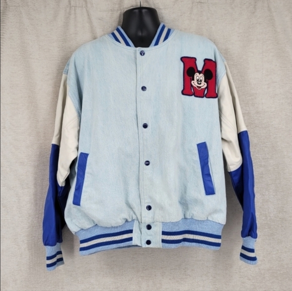 Disney | Jackets & Coats | Disney Vintage Letterman Jacket Mickey Inc Varsity Denim Leather ...